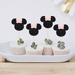 Gyufise Mouse Inspired Cupcake Toppers with Bow Black and Pink Glitter Mouse Cupcake Picks Baby Shower Wedding Kids Birthday Party Cake Decorations Supplies 36 Pack