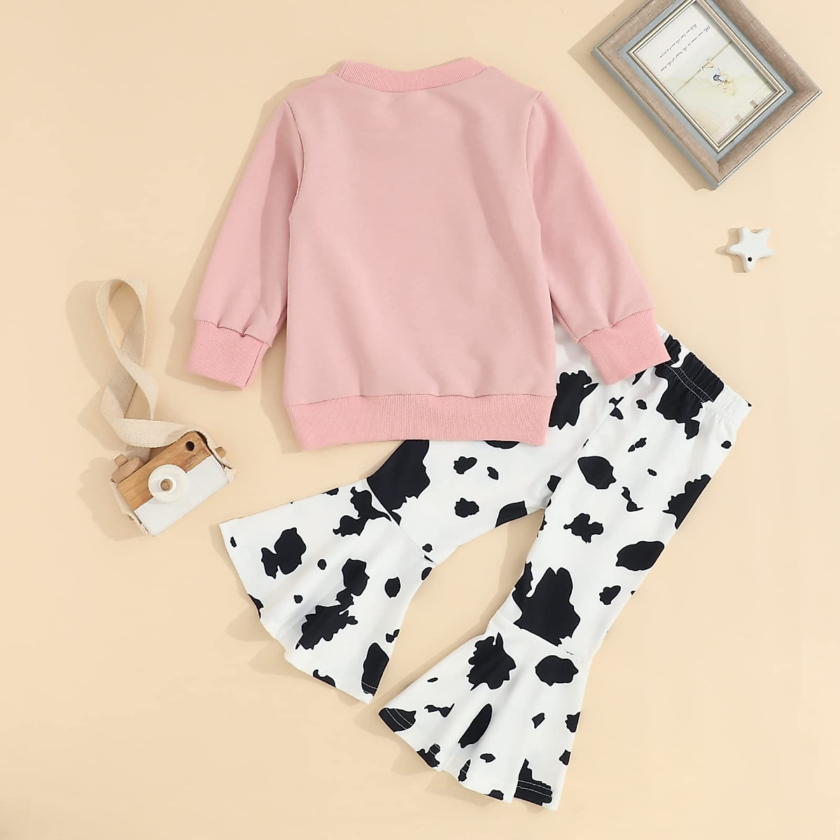 Hnyenmcko Toddler Western Baby Girl Clothes Bell Bottom Outfits Long Sleeve Cowgirl Sweatshirt + Cow Print Pants Fall Outfit (A-Pink, 2-3 Years)