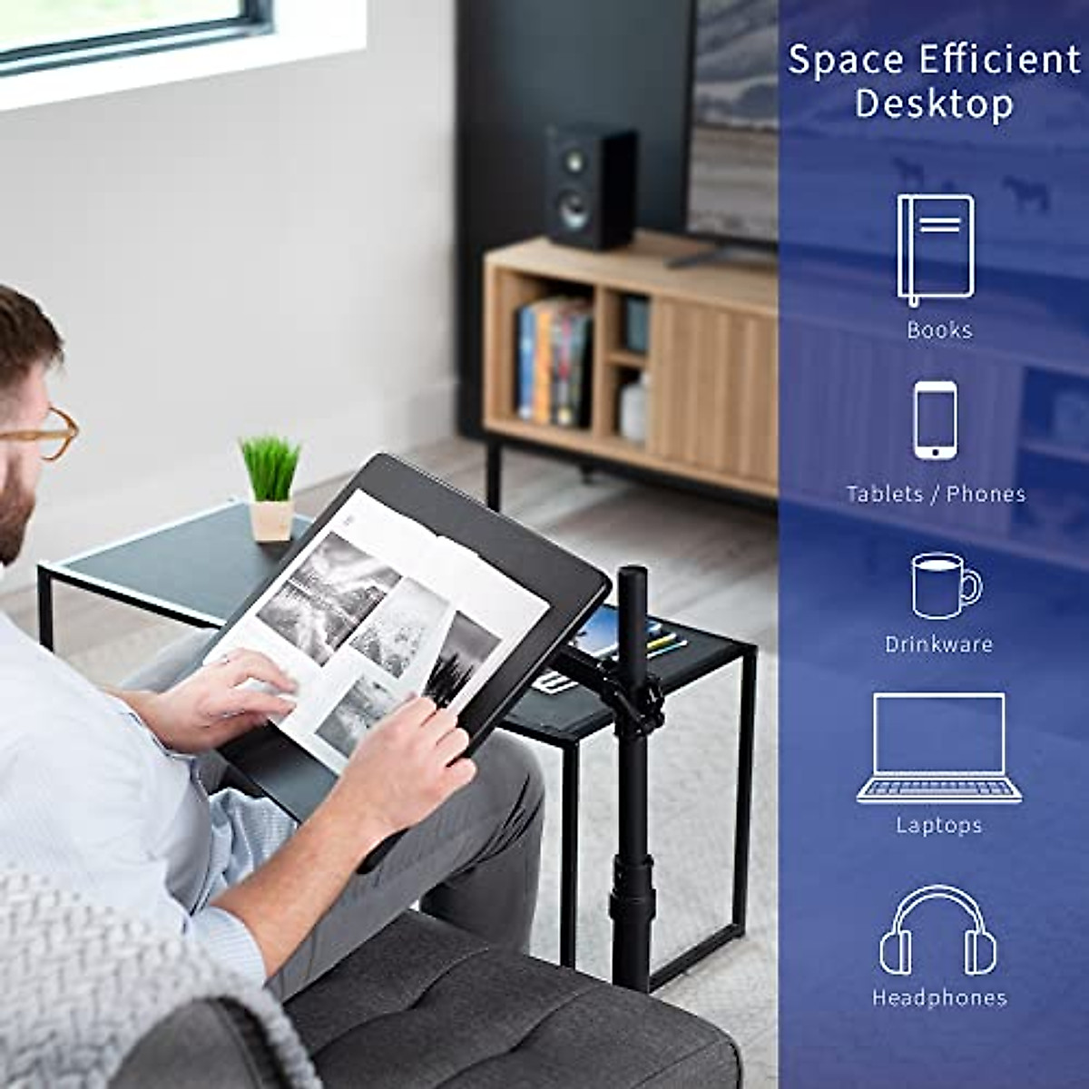 VIVO 20 inch Over Couch Swivel Table, Laptop Desk for Remote Work, Portable Recliner Workstation with Height Adjustable Swing Arm, Black, DESK-ST01C