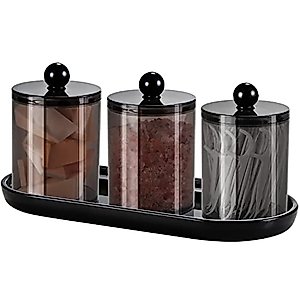 Qtip Holder Bathroom Set with Tray(4PCS) - 3 Pack Acrylic Plastic Apothecary Jars Qtip Dispenser Canister with Lid and Labels, 1 Pack Bathroom Vanity Tray, for Cotton Ball, Cotton Swab (Black)