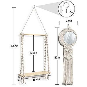 Sonefreiy Macrame Wall Hanging Shelf Boho Rope Shelves with Mirror Dreamcatcher Bohemian Wall Decor for Bedroom, Bathroom, Living Room