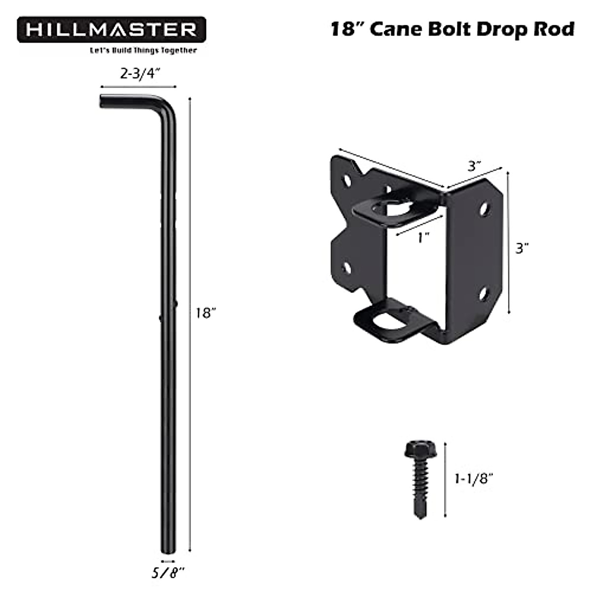 HILLMASTER Upgrade 18" Heavy Duty Cane Bolt Gate Drop Rod for Wood Fence, Steel Drop Bolts Cane Bolt Hardware for Wooden Gater and Holding Doors, Black Finish