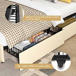 Queen Bed Frame with 4 Storage Drawers, Modern BedFrame with Rivet Adjustable Headboard, Platform Mattress Foundation, Metal Frame Structure with Wooden Slats Support, No Box Spring Needed, Beige