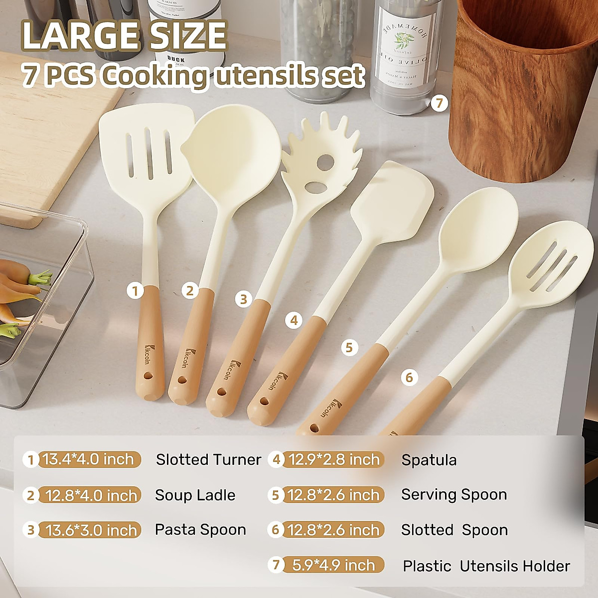 Kikcoin Large Kitchen Utensils Set - 7 PCS Silicone Cooking Utensils Set Heat-resistant 446 °F, Wooden Handle with Plastic Utensil Holder, BPA Free Spatula Ladle Spoons for Non-stick Cookware, Beige