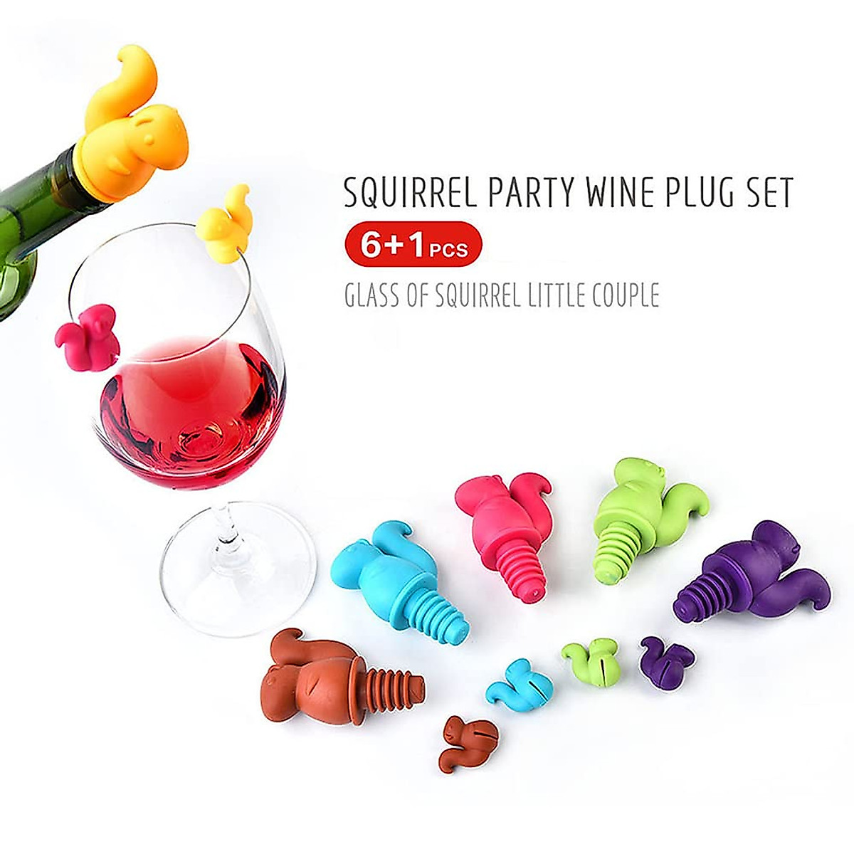 6+1PCS Squirrel Shapes Wine Stopper Set, Silicone Wine Bottle Stopper, Reusable Fun Animal Bottle Stopper, Gift Box Package Bottle Stoppers Set