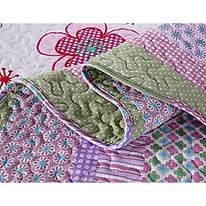 MarCielo 3 Piece Kids Bedspread Quilts Set Throw Blanket for Teens Girls Bed Printed Bedding Coverlet, Full Size, Purple Floral Striped (Full)