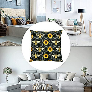 Deco4URLife Sunflower Bee on Black Honeycomb Background Set of 2 Throw Pillow Covers with Hidden Zipper, Square 18X18 inch/45x45 cm Cushion Covers for Outdoor Indoor Decor, Double-Sided Printed