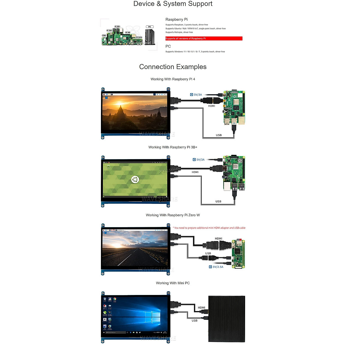 7inch HDMI LCD (C), HDMI Interface Raspbian LCD 1024 * 600 Capacitive Touch Screen Display Mini PC Supports Raspberry Pi 4 3 2 Model B B+ A+ & BeagleBone Black & Banana Pi/Pro @XYGStudy
