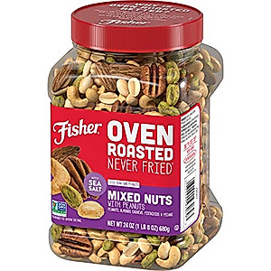 Fisher Snack Oven Roasted Never Fried Mixed Nuts with Peanuts, 24 Ounces, Peanuts, Almonds, Cashews, Pistachios, Pecans, Made With Sea Salt, Non-GMO, No Oils, Artificial Ingredients or Preservatives