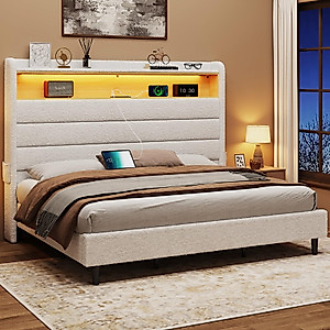 Jocisland Queen Bed Frame with Tall Headboard and LED Lights Charging Station Upholstered Platform Bed Wingback, No Box Spring, Boucle White
