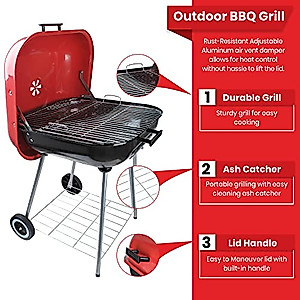 Alpine Cuisine Premium 22x25in Charcoal BBQ Grill Square for Outdoor Cooking, Barbecue Coal Kettle Bowl Grill Portable Heavy Duty Round with Legs Grilling for Tailgating Patio Backyard Camping - Red