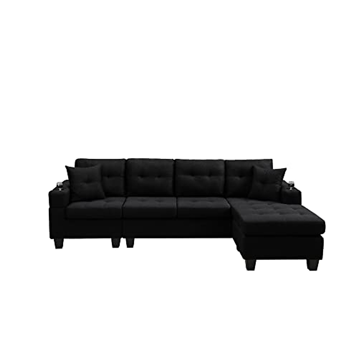 BIADNBZ Modern Sectional Sofa Set with Reversible Chaise Lounge,2 Pillows and Cup Holders,4-Seat L-Shaped Upholstered Couch for Living Room Office Apartment, Black
