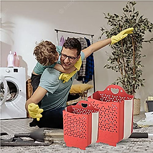 Foldable Plastic Laundry Baskets. Wall Hanging Storage Basket. Multi-function Storage Container Waterproof Durable for Bedroom and Bathroom (M&L, Red)
