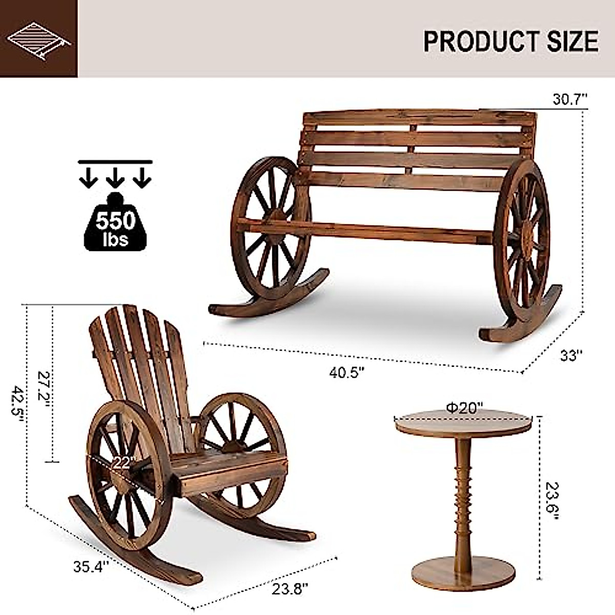 FURNDOOR 5 PCS Outdoor Rocking Chair Conversation Set, Wagon Wheel Rocking Chairs with Side Table, Patio Rocker Chair Wood Patio Bistro Set for Porch Bench, Rustic