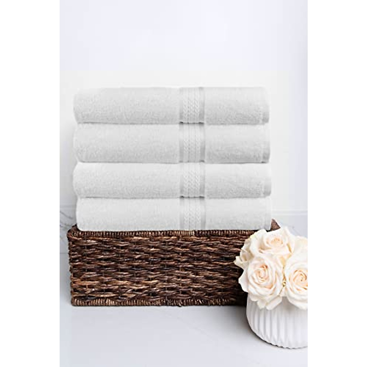 COTTON CRAFT Ultra Soft 4 Pack Oversized Extra Large Bath Towels 30x54 White Weighs 22 Ounces - 100% Pure Ringspun Cotton - Luxurious Rayon Trim - Ideal for Everyday use - Easy Care Machine wash