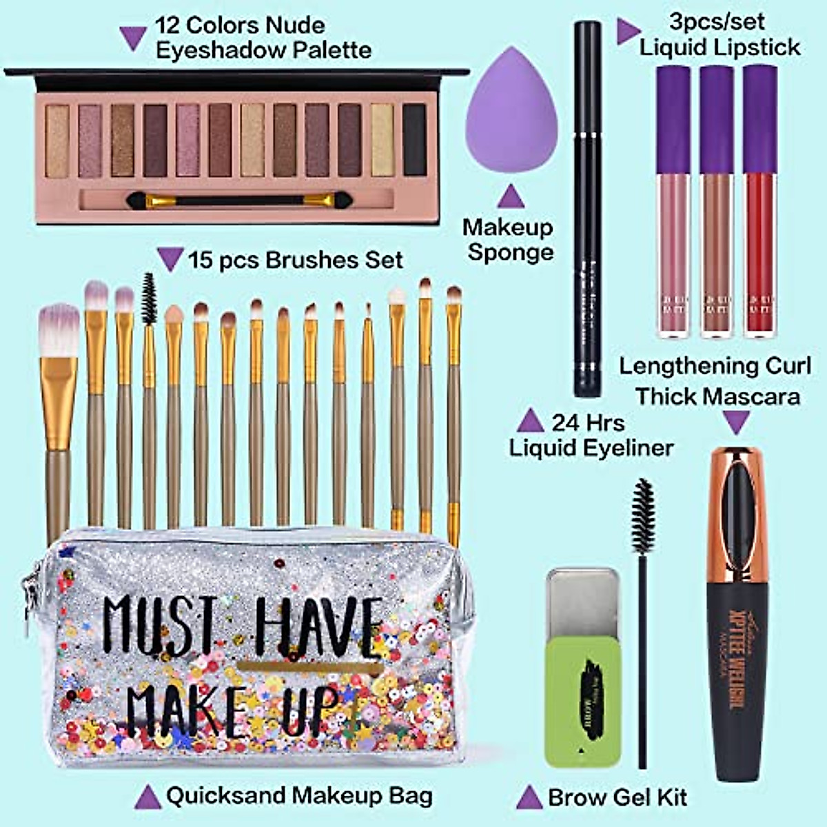 All in One Makeup Set For Women Full Kit - 12 Colors Nude Eyeshadow Palette, Waterproof Black Mascara Eyeliner Pen, 3pcs Matte Liquid Lipstick Set, Eyebrow Soap Gel Kit, 12 pcs Brushes Set Makeup Sponge with Makeup Bag Gift Set