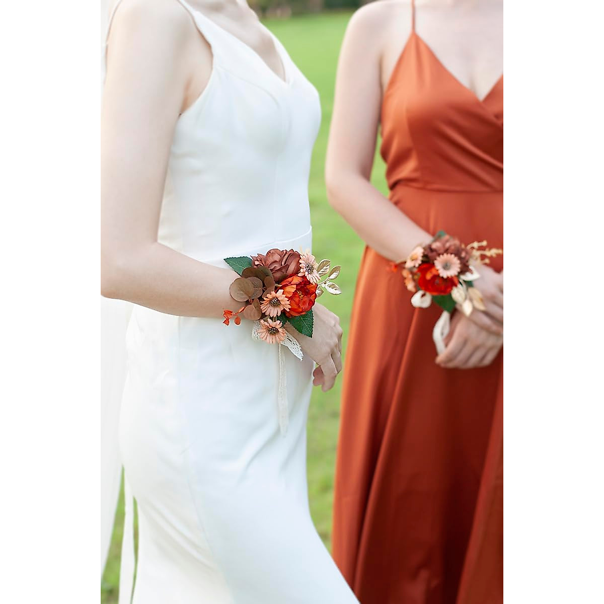 Ansofi Set of 6 Burnt Orange Wrist Corsages for Wedding, Corsage Bracelet Hand Flower for French Rustic Wedding Ceremony, Anniversary Prom Homecoming Formal Dinner Party