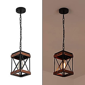 Fivess Lighting Rustic Farmhouse Pendant Light with Wood and Metal Cage, One-Light Adjustable Chains Industrial Mini Pendant Lighting Fixture for Kitchen Island Cafe Bar, Black