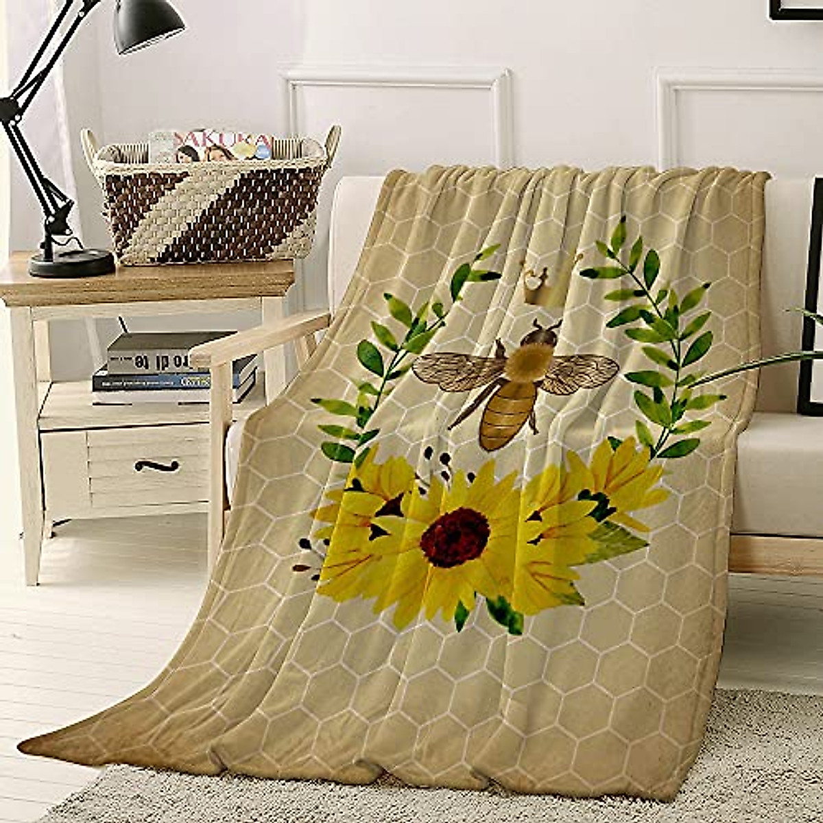 Bee Throw Blanket 50" x 60", Lightweight Super Soft Bed Blanket for Bedroom Living Rooms, Cozy Fleece Comfy Microfiber Throw Blankets for Couch Sofa, Hexagonal Pattern Honeycomb Beehive Sunflower