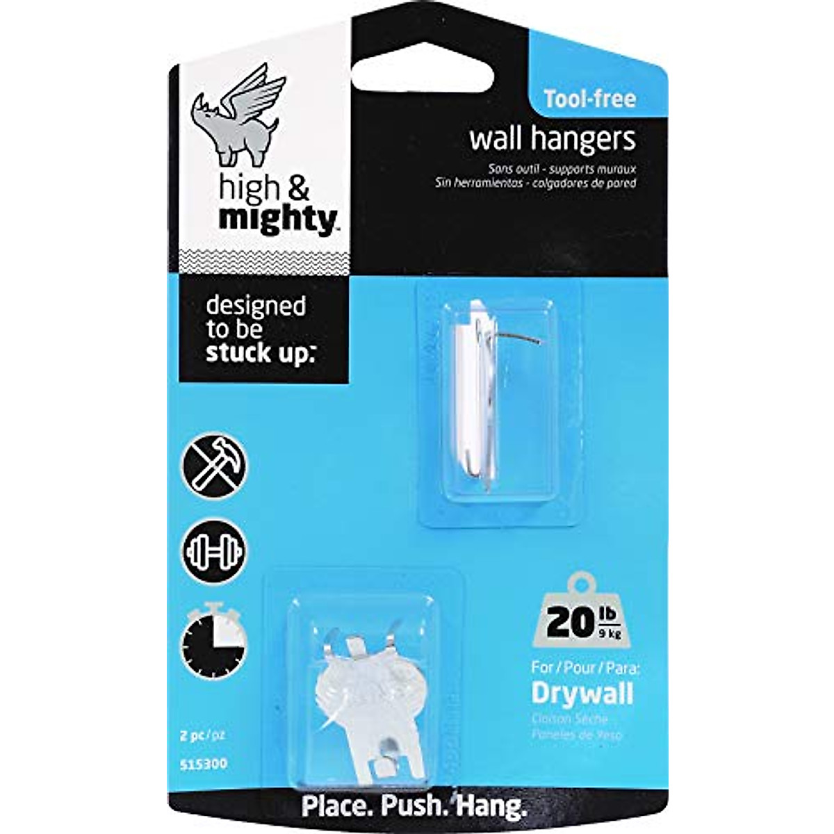HIGH & MIGHTY 515300 Picture Hanger Set, Easy Tool-Free Dry Wall Art Hangers for Artwork, Photos, and Mirrors, Holds up to 20lbs, 2 pack, Steel
