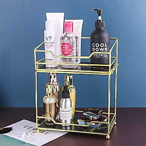Simmer Stone Makeup Organizer Shelf, 2 Tier Cosmetic Storage Basket with Removable Glass Tray, Wire Vanity Organizer Rack for Bathroom, Dresser, Countertop and More, Stackable Assembly