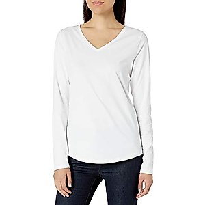 Amazon Essentials Women's Classic-Fit 100% Cotton Long-Sleeve V-Neck T-Shirt, White, X-Large