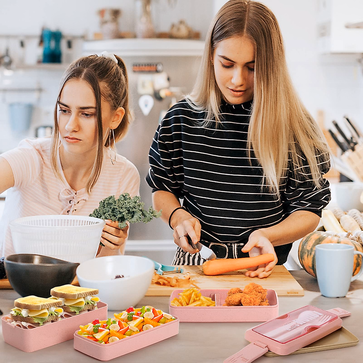 Yesland 3 Packs Bento Box, Japanese Lunch Box with Divider, Wheat Straw 3-In-1 Compartment Stackable Lunch Containers Meal Prep Containers for Kids and Adults (Green/Pink/Beige)