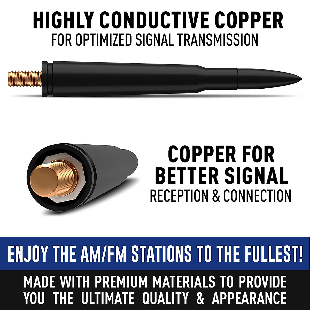 Bullet Antenna for Ford F-150 XL XLT 2009-2024 - Highly Durable Premium Truck Antenna 5.45 Inch - Car Wash-Proof Radio Antenna for FM AM - Black, 50 Caliber Design - Ford F150 Accessories