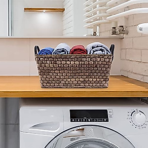 MyGift Woven Brown Wicker Handled Storage Basket with Decorative Striped Fabric Liner, Rectangular Open Organization Basket Bin for Nursery, Magazines Pet Toys, Media and Small Household Items