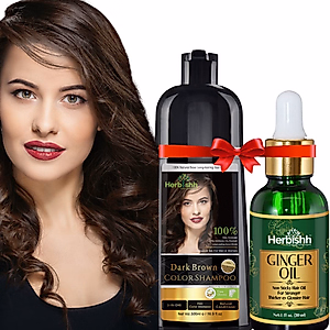 Herbishh Hair Strengthening Combo Contains Hair Color Shampoo 500ml Dark Brown, Dye & Ginger Oil 30ml - Promotes Stronger Growth Repairs Follicles for All Hair Types