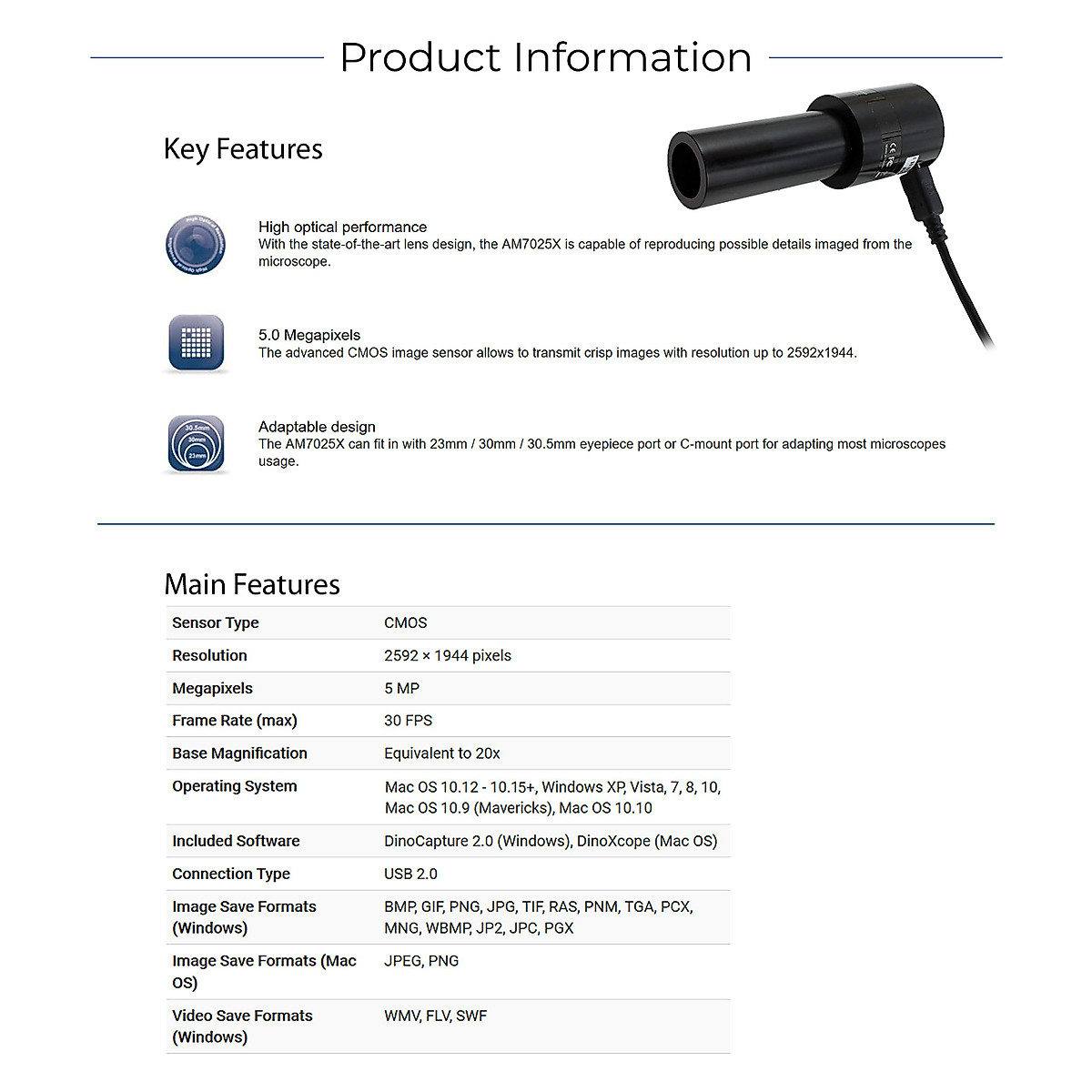 Dino-Lite USB Eyepiece Camera AM7025X – 5MP, Use on Traditional Microscope