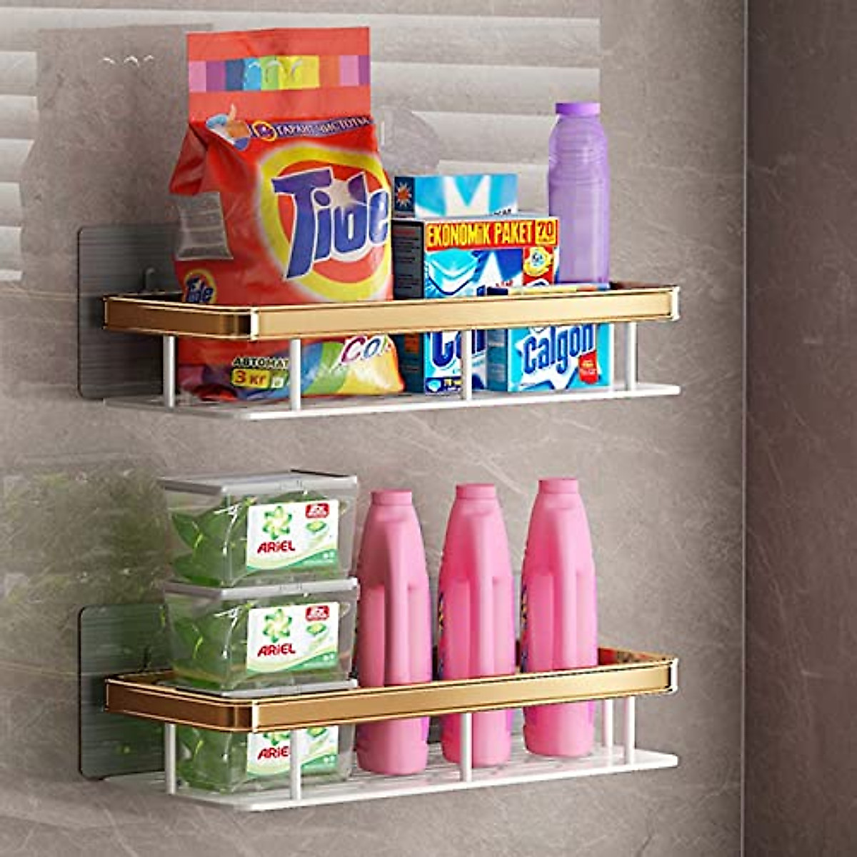 FVRTFT Bathroom Shelves No Drilling Shower Shelves Anti Rust Shower Rack Self Adhesive Wall Mounted Space Aluminum For Restroom Toilet,gold,2 Tier