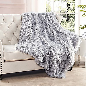 Home Soft Things Mongolian Fluffy Faux Fur Throw, Silver Cloud, 50" x 60", Decorative Throw for Bedroom Living Room Warm Plush Shaggy Throw Blankets for Bed Couch Sofa Chair Pets, Gift, Home Décor