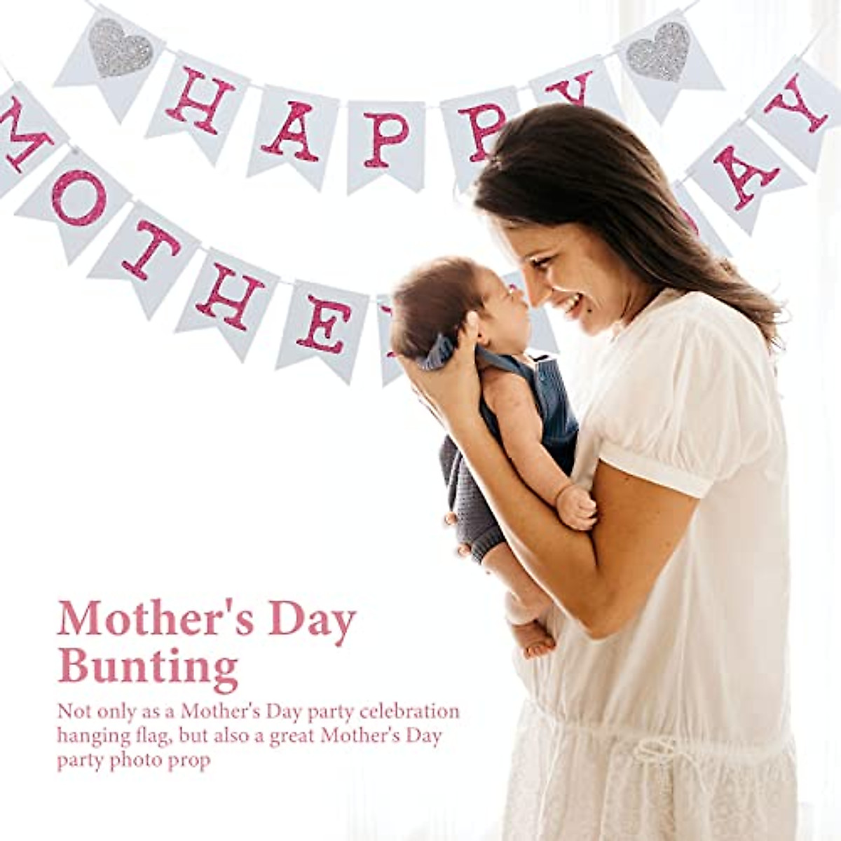 ABOOFAN Happy Mothers Day Banner Mothers Day Bunting Garland with Glitter Hearts Design for Mother’s Day Party Decoration Supplies