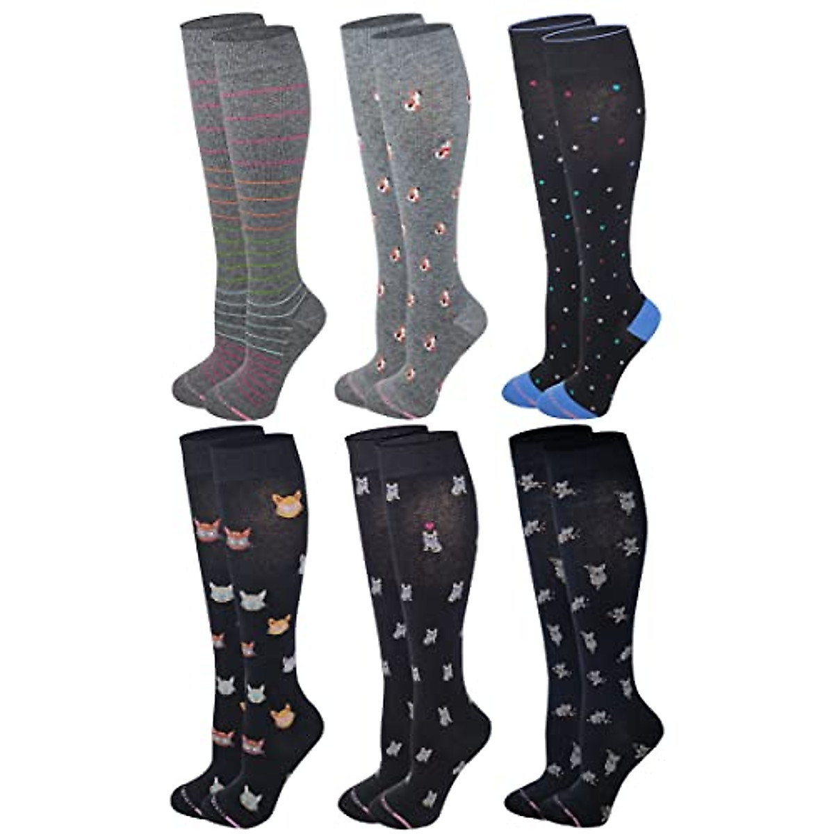 Dr. Motion Women 6 pairs pack everyday Graduted compression knee high socks (Assorted #C)