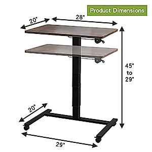 Mobile Standing Desk Height Adjustable Sit to Stand Table, 28 x 20'' Pneumatic Laptop Desk with Gas Spring Riser, Overbed Table with Lockable Wheels for Offices, Home, Medical (Rustic Brown)