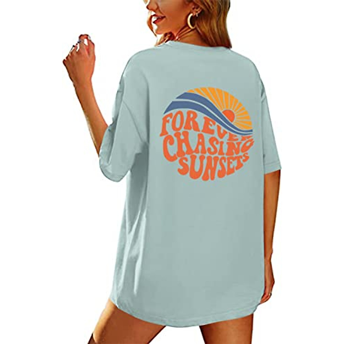 SAFRISIOR Women Oversized Casual Sunset Letter Print Graphic T-Shirt Crewneck Short Sleeve Longline Loose Tee Shirt Top