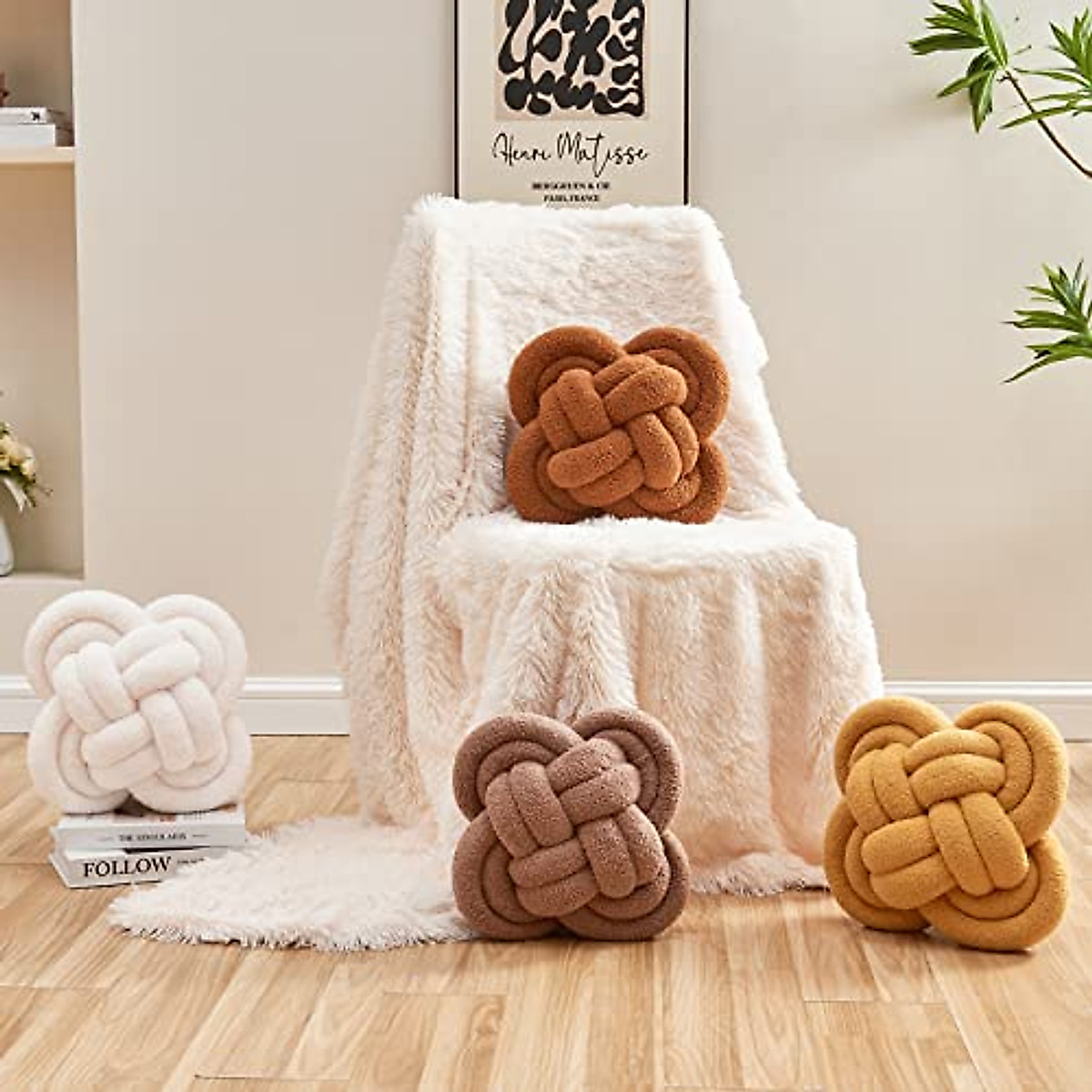 Xiashrk Knot Pillow Ball, Decorative Throw Pillows with Soft Lamb Fleece Fabric for Bed Living Room, Knotted Pillow Home Decor Handmade Square Plush Cushion for Couch