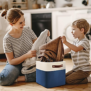 Patvingot 13 Inch Cube Storage Bins,Set of 4 , Foldable Storage Basket with PU Handles for Organizing Home, Closet,Clothes, Toy, Book,Laundry,Office, Organizers for Shelves (White&Blue)