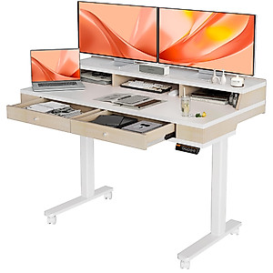 Claiks Standing Desk with Drawers, Electric Adjustable Standing Desk Adjustable Height, Sit Stand Up Desk with Storage Shelves & Wheels, 48 Inch White