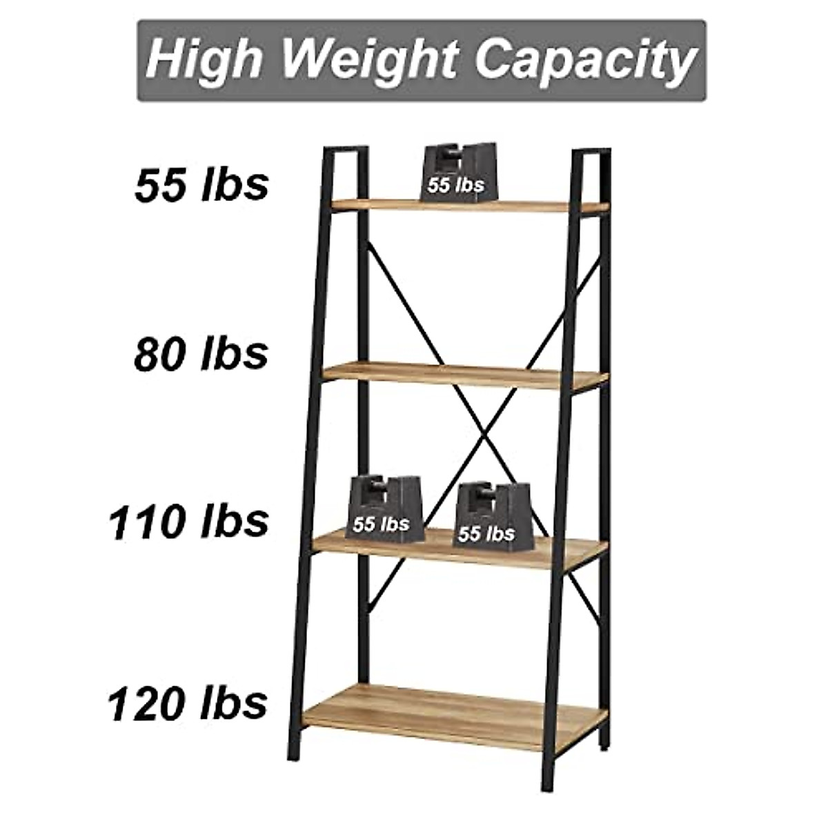 BON AUGURE Industrial Ladder Shelf Bookcase, 4 Tier Rustic Ladder Bookshelf, Standing Leaning Book Shelves for Living Room (Vintage Oak)…