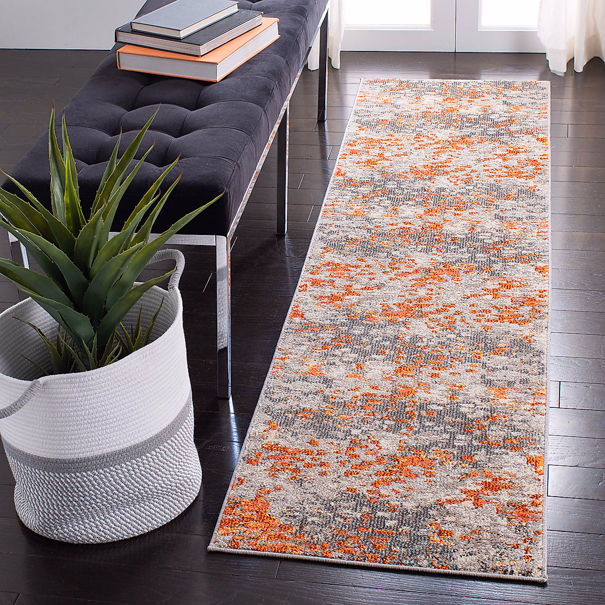 SAFAVIEH Madison Collection Runner Rug - 2'2" x 12', Grey & Orange, Boho Abstract Distressed Design, Non-Shedding & Easy Care, Ideal for High Traffic Areas in Living Room, Bedroom (MAD425H)