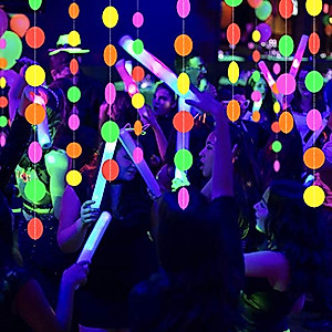 UNIIDECO Neon Paper Circles Garland Rave Black Light Birthday Decorations, Glow in The Dark Party Supplies, UV Blacklight Reactive Decoration Room Decor, Hanging Circle Dots Streamers Wall Backdrop