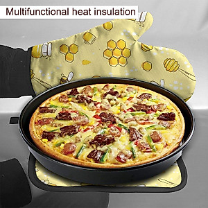 Bee Oven Mitts and Pot Holders Sets Heat Resistant Oven Gloves with Non-Slip Surface for Reusable for Baking BBQ Cooking