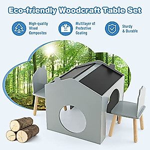 INFANS Kids Table and Chair Set, Wood Multi Activity Table with Blackboard for Toddler Playing Drawing Reading Arts Crafts, 3 Piece Children Furniture for Playroom Home School Classroom