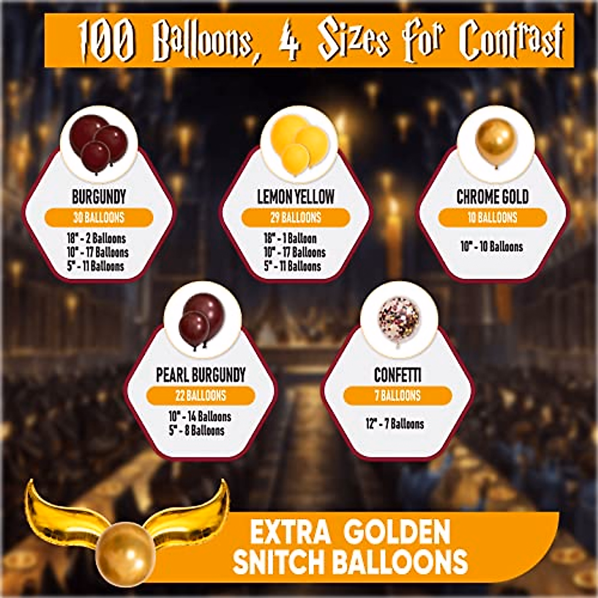 100pc, 4 Sizes – Harry Potter Balloon Garland Arch Kit with BONUS Snitch for Harry Potter Birthday Decorations – Harry Potter Party Supplies for Hogwarts Balloons, Magic Wizard Theme, Baby Shower