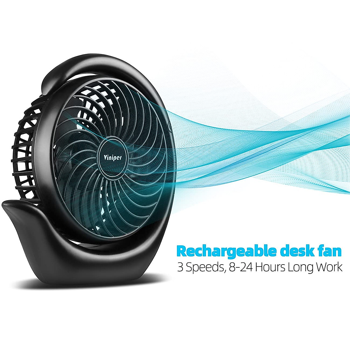 Viniper Portable Rechargeable Fan, Small Desk Fan : 3 Speeds & about 8-24 Hours Longer Working, 180 Rotation, Portable Battery Desktop Fan for Home/Office (Black, Light Black Blade)6.2 inch