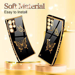 Coralogo for Samsung Galaxy S23 Ultra Case Butterfly for Women Girls Girly Pretty Phone Cases Cute Black and Gold Plating Butterflies Design with Screen Aesthetic Cover for S23 Ultra 2023 6.8''