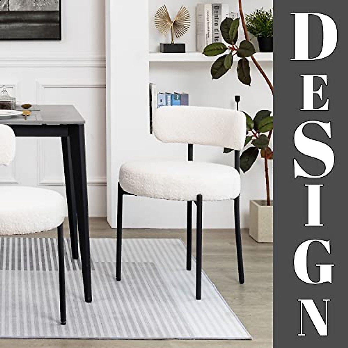 DYHOME Dining Chairs Set of 6, White Boucle Dining Room Chairs with Curved Backrest, Upholstered Mid Century Modern Dining Chairs with Black Metal Legs