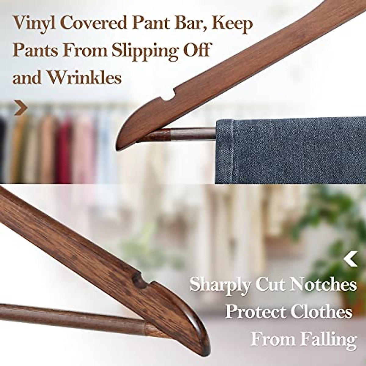 AMKUFO Wooden Hangers 20 Pack Wood Suit Hangers Non Slip Wooden Coat Hangers with Smooth Fnish Cut Notches 360° Swivel Hook Clothes Hangers for Jeans Pants Jackets Shirts Dresses, Walnut